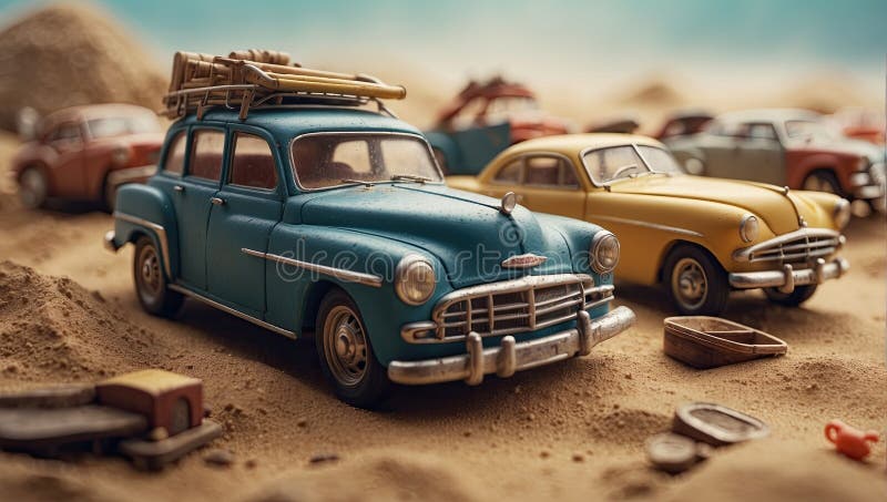 AI Generated Illustration of Vintage Cars on a Sandy Beach Stock ...