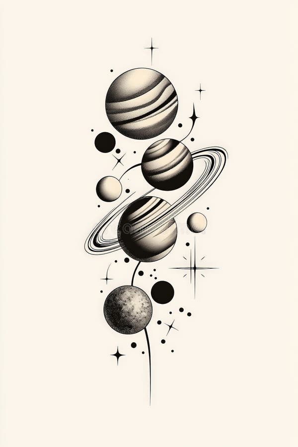Vintage Inspired Planetary Alignment Illustration in Monochrome ...