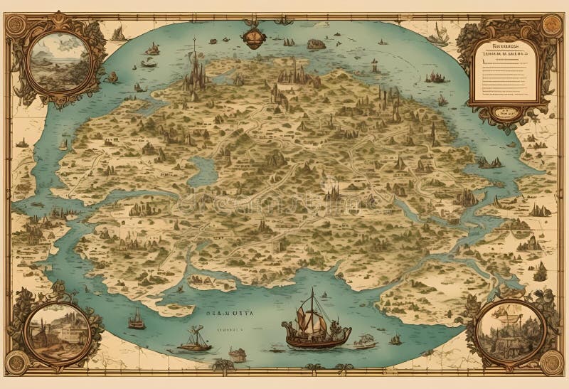 AI-generated Illustration of a Vintage Map of an Island Featuring Ships ...