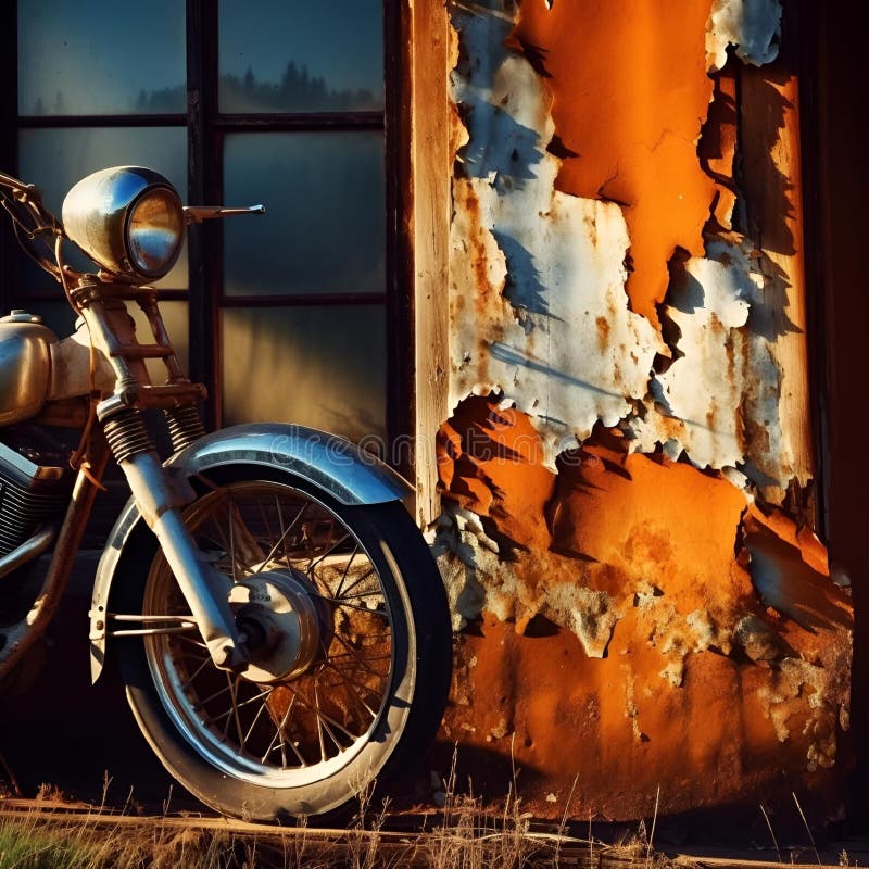 A Motorcycle is Parked by an Old Building with Rusty Paint Stock ...