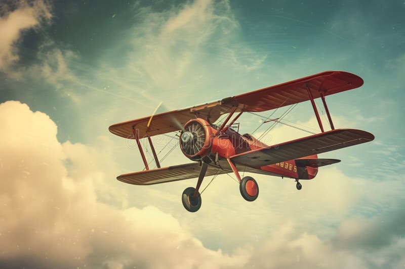 AI Generated Illustration of a Vintage Red Biplane Flying in a Partly ...