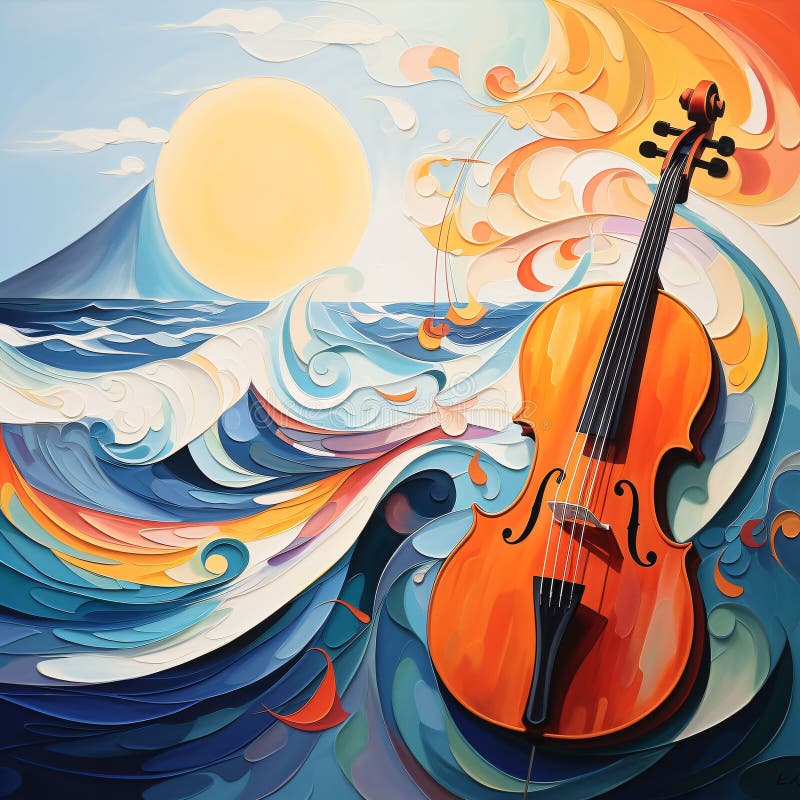 AI Generated Illustration of a Violin in Ocean Waves at Sunset in ...