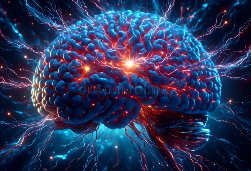 The Human Brain Illuminated with an Impressive Display of Dynamic Lightning Bolts Stock ...
