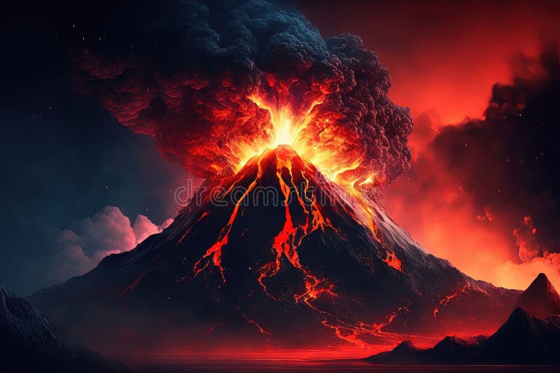 AI Generated Illustration of a Volcano Erupting Molten Lava into a ...