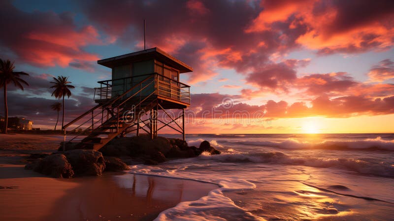 AI Generated Illustration of a Watching Tower on a Sandy Beach with ...