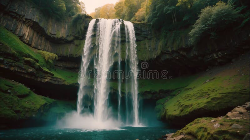 The Waterfall is Flowing Down the Side of the Cliff Together Stock ...