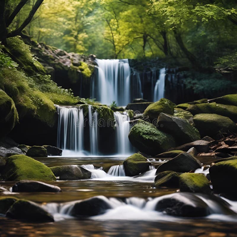 AI Generated Illustration of a Waterfall Cascading Down Mossy Rocks ...