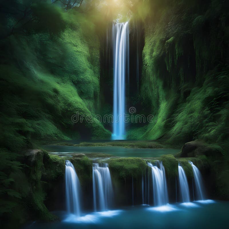 AI Generated Illustration of a Waterfall Cascading Down Over an Array of Natural Rocky Surfaces ...