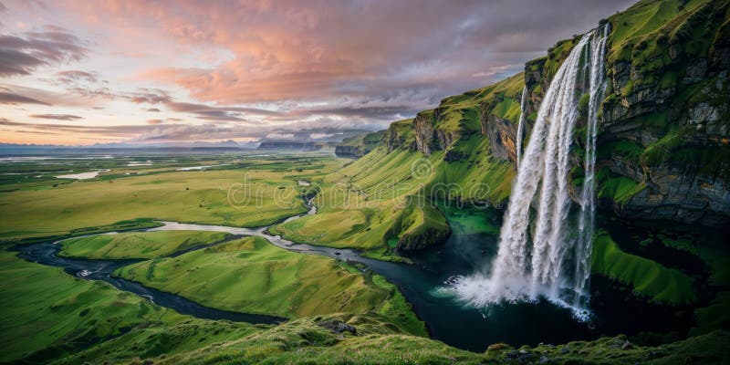 AI Generated Illustration of a Waterfall Cascading Down the Rocks in a ...