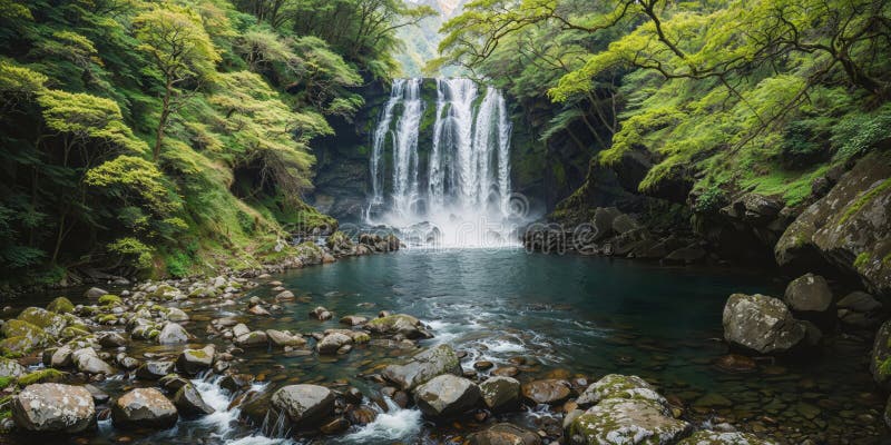 AI Generated Illustration of a Waterfall Cascading Down the Rocks in a ...