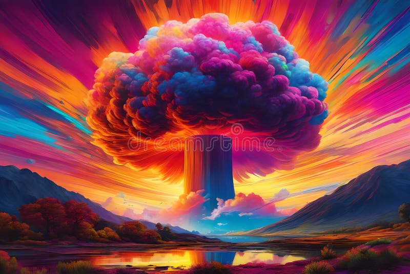 A Large Cloud Exploding into the Sky Above a Lake and Mountains Stock ...