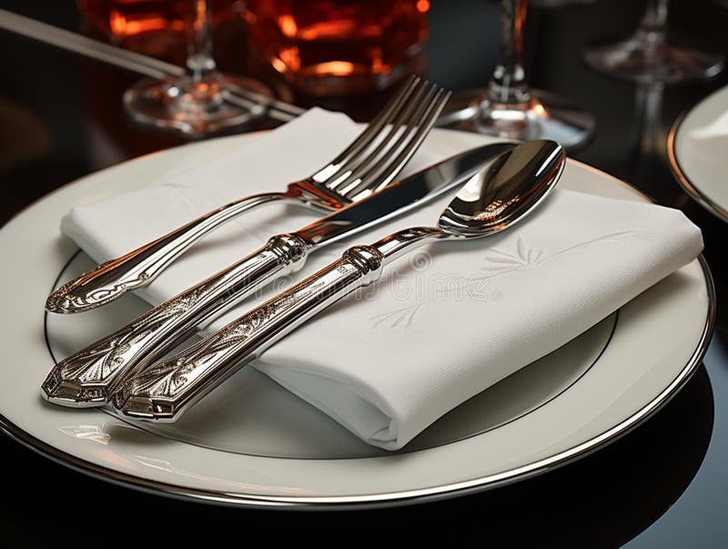 AI Generated Illustration of a White Dinner Plate and Silverware Set in ...