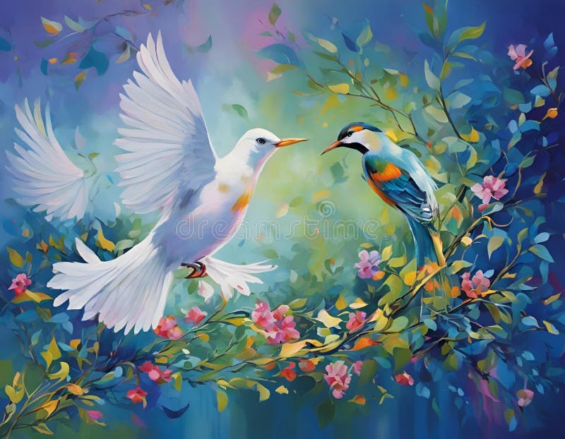 AI Generated Illustration of White Doves Perched on Blooming Branches ...