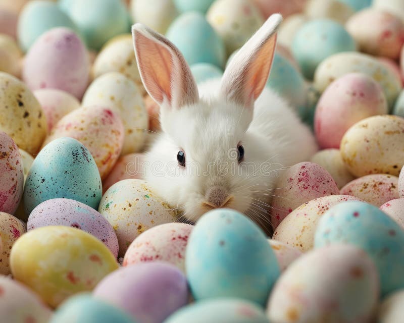 AI Generated Illustration of a White Easter Rabbit Surrounded by a Heap ...