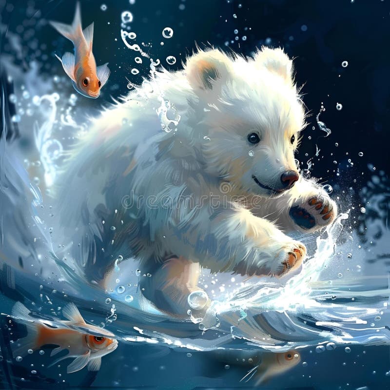 AI Generated Illustration of a White Polar Bear and a Fish Swimming ...