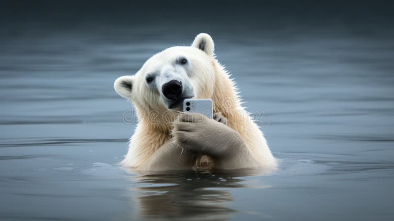 AI Generated Illustration of a White Polar Bear Holding a Phone in the ...