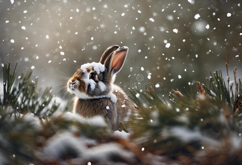 AI Generated Illustration of a White Rabbit in Green Grass with Snow ...