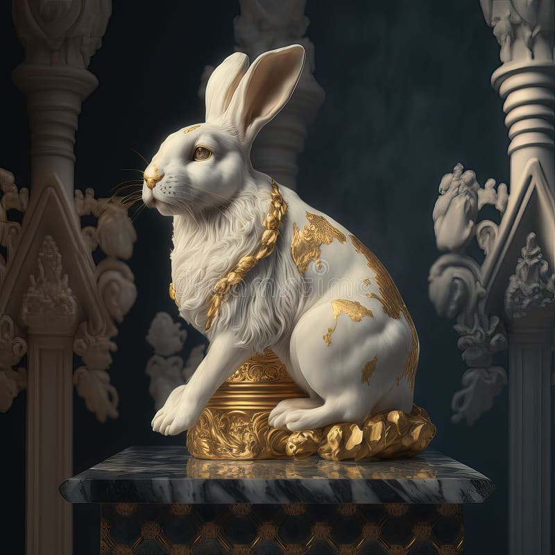 AI Generated Illustration of a White Rabbit Statue on a Black Marble ...