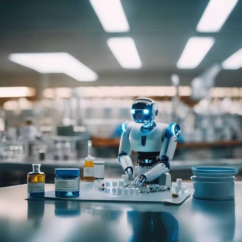A White Robot Working on Something in the Laboratory Area and a Large ...