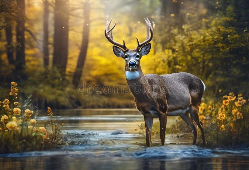 A White - Tailed Deer Stands by the Stream in the Woods Stock ...