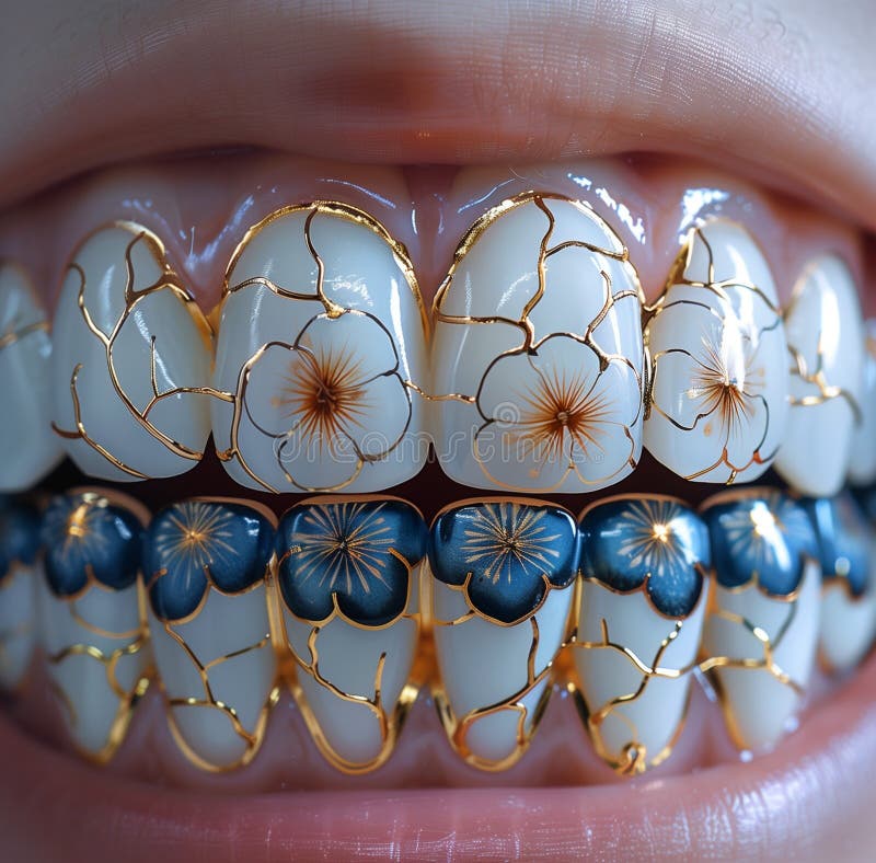 AI Generated Illustration of White Teeth with Gold Kintsugi Line ...
