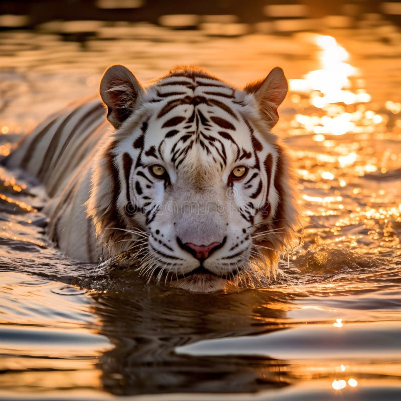AI Generated Illustration of a White Tiger in a River at Sunset Stock ...