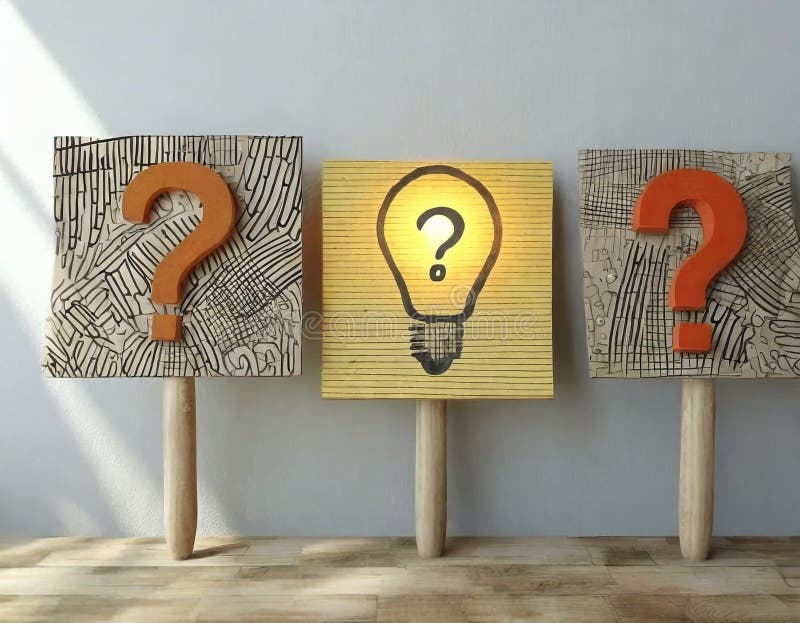 A Wall that Has Four Different Wooden Signs with Question Marks on Them ...