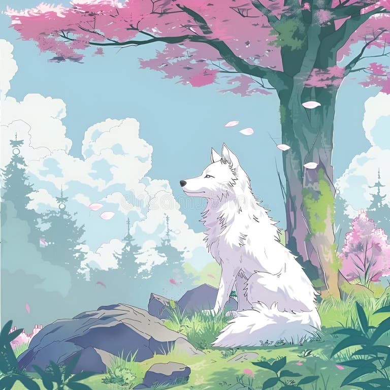 AI Generated Illustration of a White Wolf Looking Somewhere Under a Cherry Blossom Tree on a ...