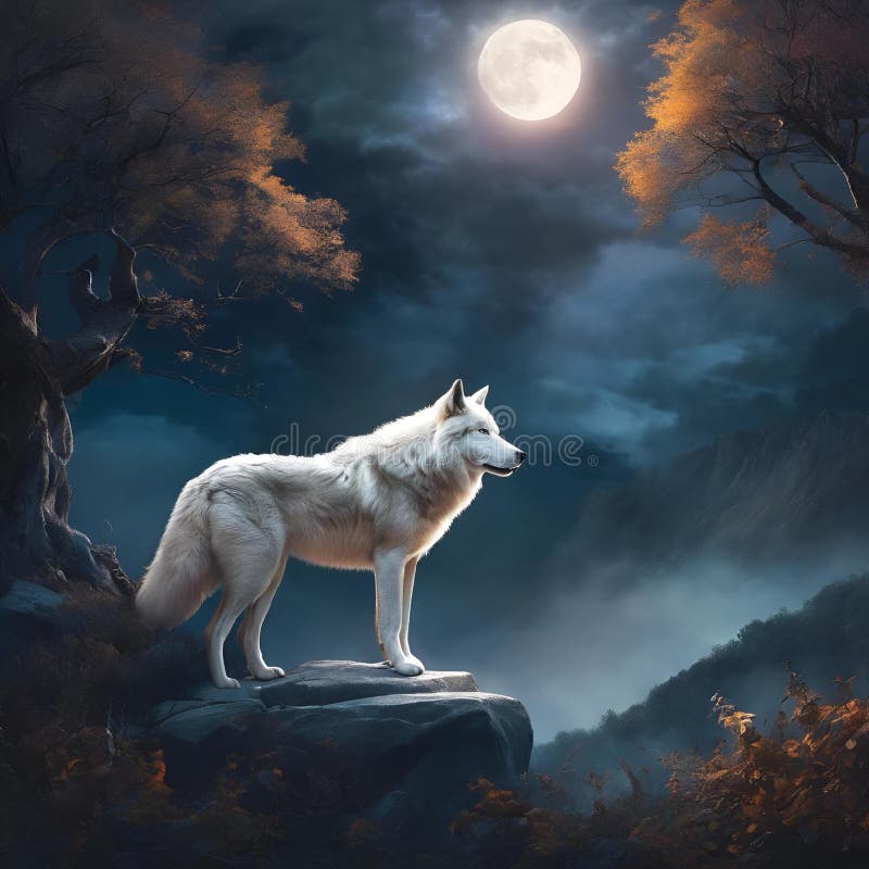 AI-generated Illustration of a White Wolf Resting on a Rock beside a ...