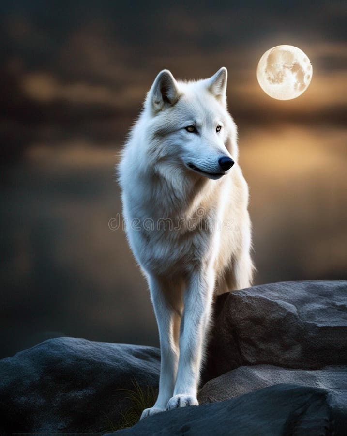 AI Generated Illustration of a White Wolf on Rocks Under the Moonlight ...