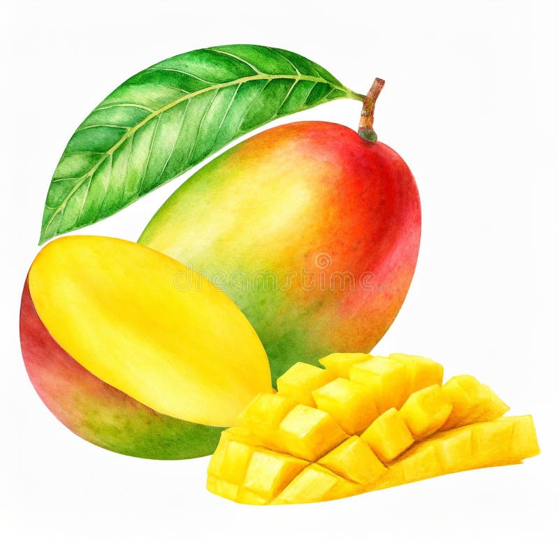 Mango Illustration with Leaf and Diced Pieces. Stock Illustration ...