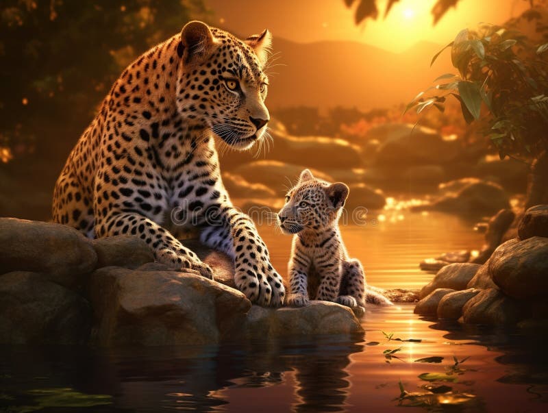 Ai Generated Illustration Wildlife Concept of Leopard and Cub Stock ...