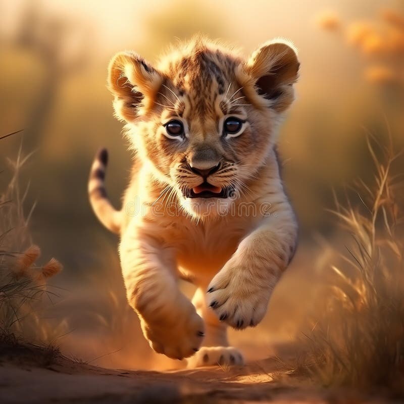 Ai Generated Illustration Wildlife Concept of Lion Cub Running Stock ...