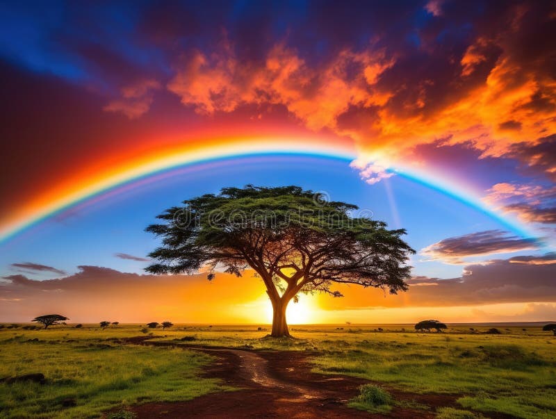 Ai Generated Illustration Wildlife Concept Of Rainbow In The Savannah Stock Illustration