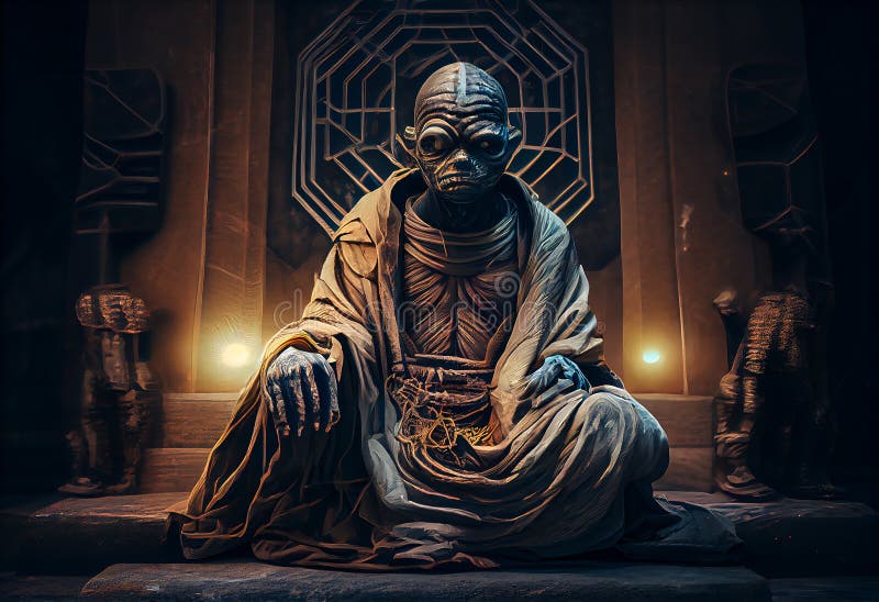 AI Generated Illustration of Wise Humanoid Alien Sitting in a Dim Light ...