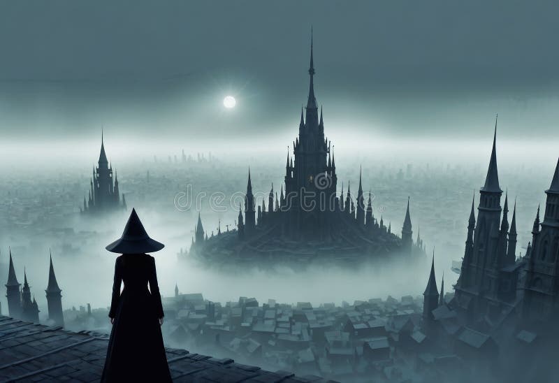 AI Generated Illustration of a Wizard in Black Gazing at a Massive ...