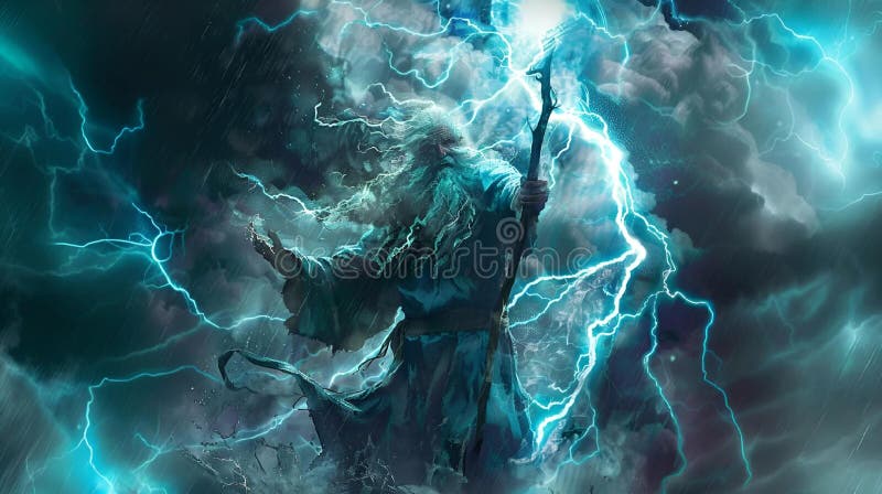 AI Generated Illustration of a Wizard Summoning Lightning in a Stormy ...