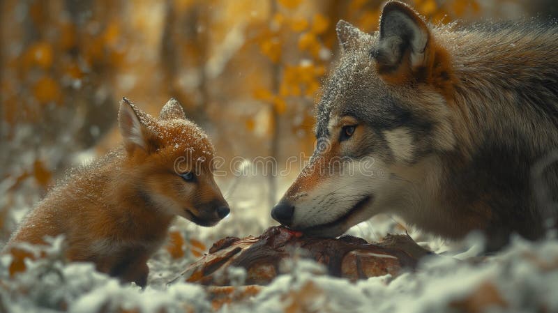 A Wolf and Her Cub are in a Forest Together in the Fall Stock Photo ...