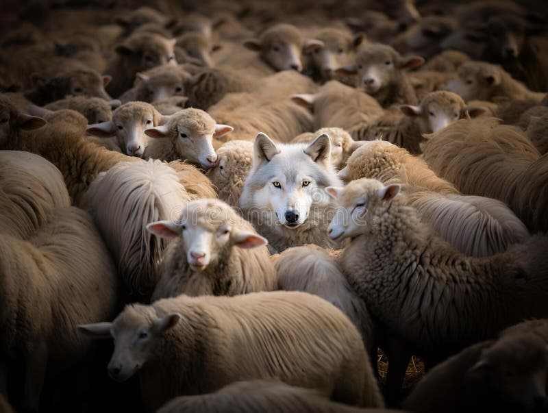 AI-generated Illustration of a Wolf among a Flock of Sheep Stock ...