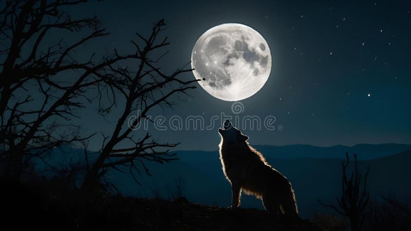 AI Generated Illustration of a Wolf Howling at Full Moon with Trees in ...
