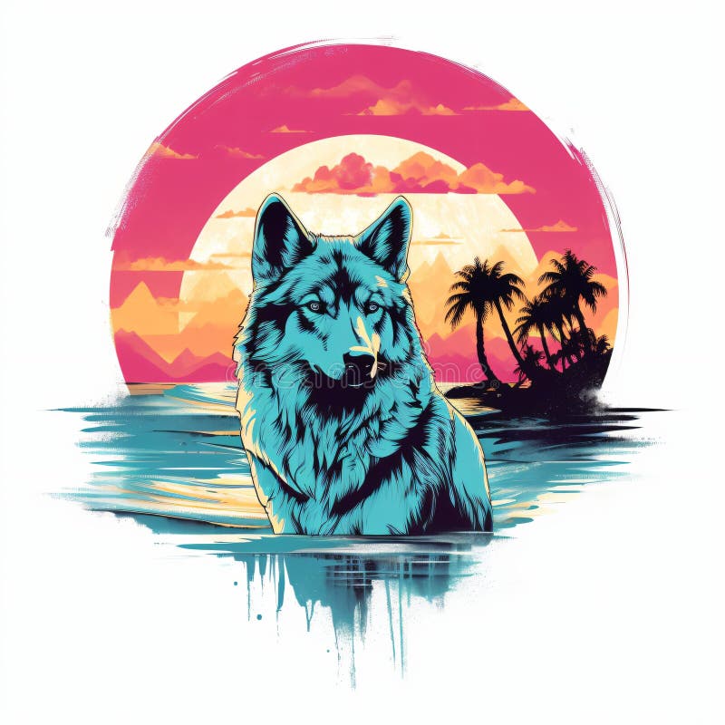 AI Generated Illustration of a Wolf Sits in Ocean at Sunset on Beach ...