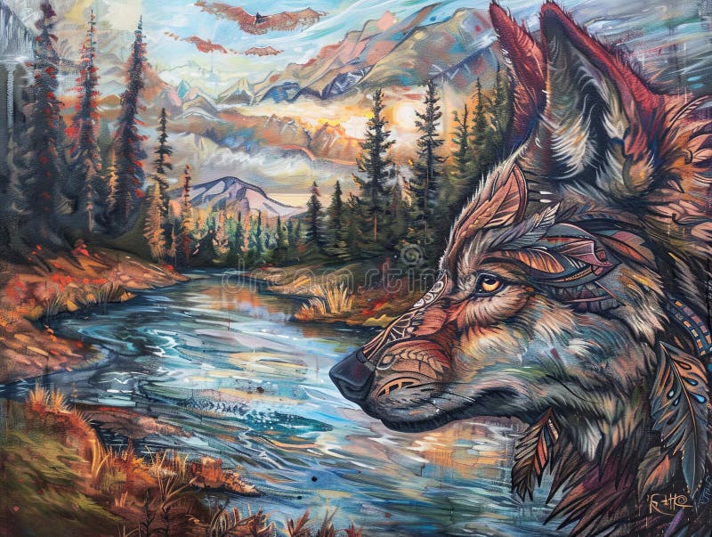 AI Generated Illustration of a Wolf Standing by a Mountain Stream Stock ...