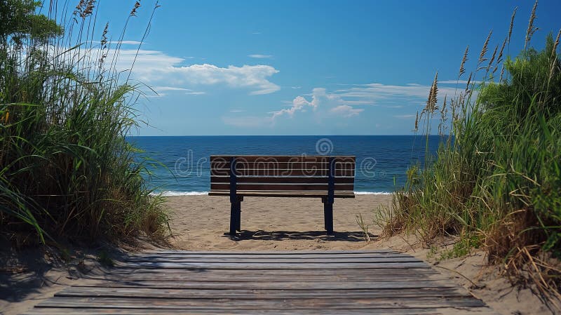 AI Generated Illustration of a Wooden Bench Faces the Ocean, Situated ...