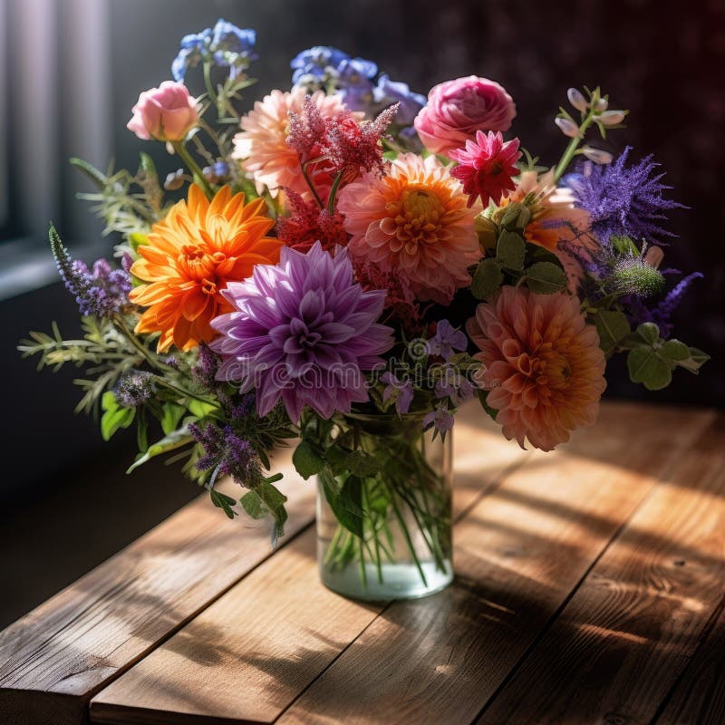 AI Generated Illustration of a Wooden Table with a Vase Overflowing ...