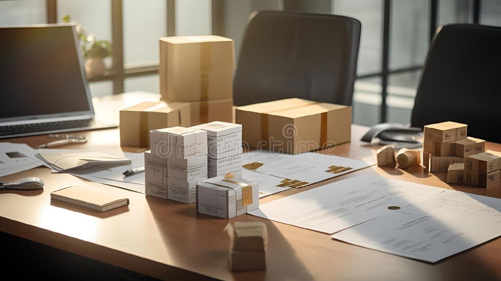 AI Generated Illustration of a Workspace Desk Cluttered with Stacks of ...