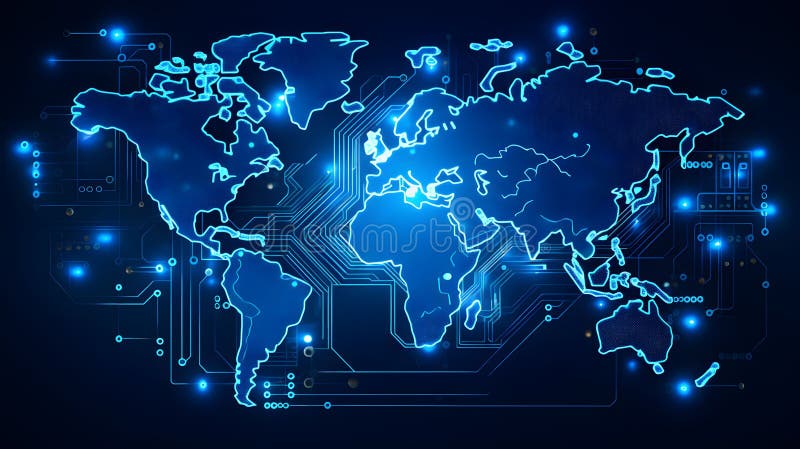 AI Generated Illustration of a World Map with Vibrant Technological ...