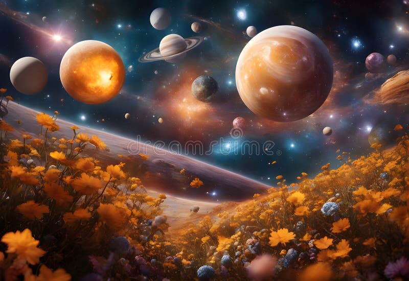 Dreamy Space Floral Landscape Stock Illustration - Illustration of ...