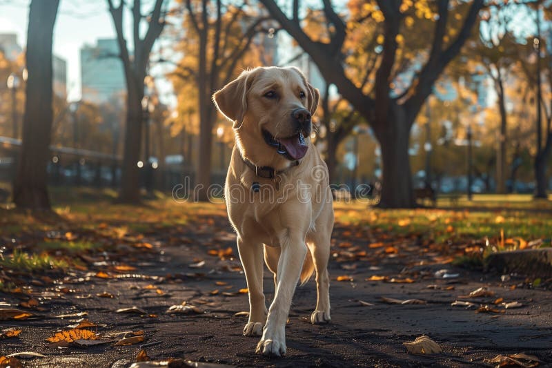 A Yellow Lab Standing on a Path in Front of Trees Stock Photo - Image ...