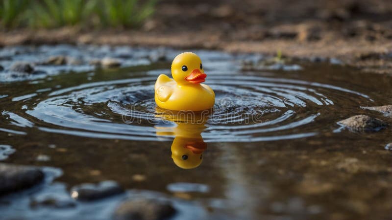 A Yellow Rubber Duck Floating in a Small Puddle with Ripples in the ...