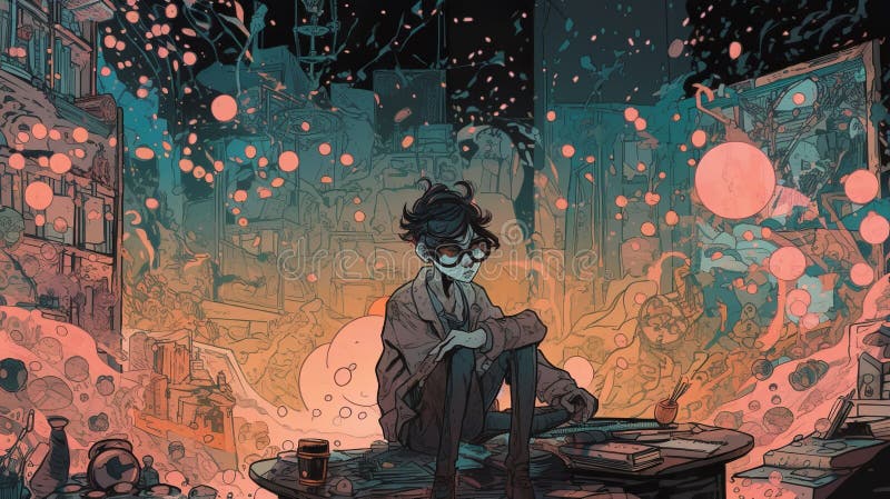 AI Generated Illustration of a Young Boy Sitting on a Wooden Table in a ...